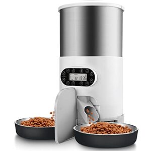 huicocy automatic cat feeders, 304 stainless steel timed cat food dispenser for 2 cats & small dog, 4.5l pet feeder with 2-way splitter, 1-4 meals portion control,10s voice recorder, dual power supply