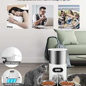 HUICOCY Automatic Cat Feeders, 304 Stainless Steel Timed Cat Food Dispenser for 2 Cats & Small Dog, 4.5L Pet Feeder with 2-Way Splitter, 1-4 Meals Portion Control,10s Voice Recorder, Dual Power Supply