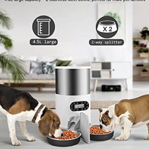 HUICOCY Automatic Cat Feeders, 304 Stainless Steel Timed Cat Food Dispenser for 2 Cats & Small Dog, 4.5L Pet Feeder with 2-Way Splitter, 1-4 Meals Portion Control,10s Voice Recorder, Dual Power Supply