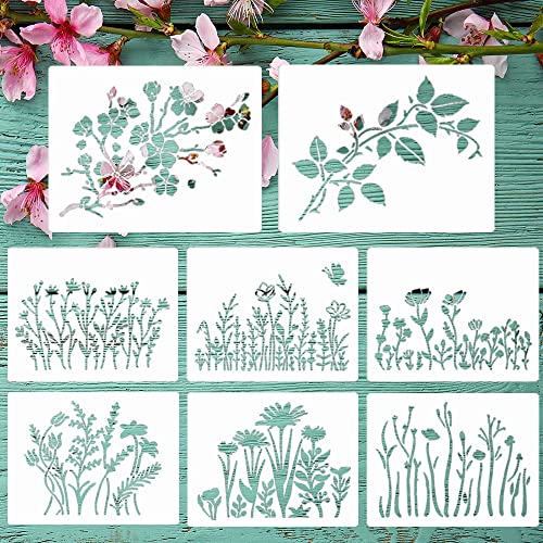 Wild Flower Stencils for Painting 11X8.3" Large Flower Stencil for Walls Leaf Cherry Blossom Vine Stencils Reusable Drawing Stencils for Painting on Wood Wall Canvas Furniture Card