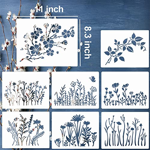 Wild Flower Stencils for Painting 11X8.3" Large Flower Stencil for Walls Leaf Cherry Blossom Vine Stencils Reusable Drawing Stencils for Painting on Wood Wall Canvas Furniture Card