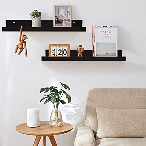 Floating Wall Mounted Shelves Black Display Shelves with Ledge Shelf for Bedroom Bathroom Livingroom Room Kitchen Set of 2 (Black)