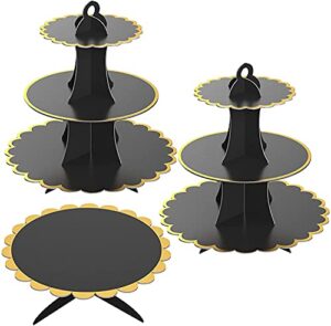 3-pack black and gold 3-tier cardboard cupcake stand and 1-tier cake stand combo dessert tower for birthday party, wedding, baby shower