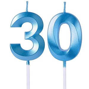 blue 30th birthday candles for cakes, number 30 3 glitter candle cake topper for party anniversary wedding celebration decoration