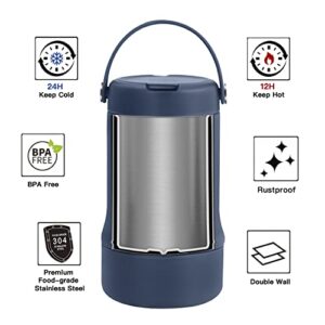 Ideus 20 oz Insulated Food Jar, Stainless Steel Vacuum Thermal Lunch Box Soup Thermoses with Folding Spoon, Leakproof Food Container for School Office Picnic Travel Camping, Navy Blue