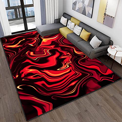 Modern Abstract Red Marble Area Rugs for Living Room Kitchen Bedroom Abstract Flame Fire Red Yellow Black Marble Background Wave Swirl Bathroom Rugs Stain Resistant Carpet Mat Pad Home Decor