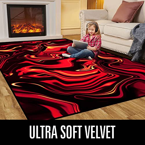 Modern Abstract Red Marble Area Rugs for Living Room Kitchen Bedroom Abstract Flame Fire Red Yellow Black Marble Background Wave Swirl Bathroom Rugs Stain Resistant Carpet Mat Pad Home Decor