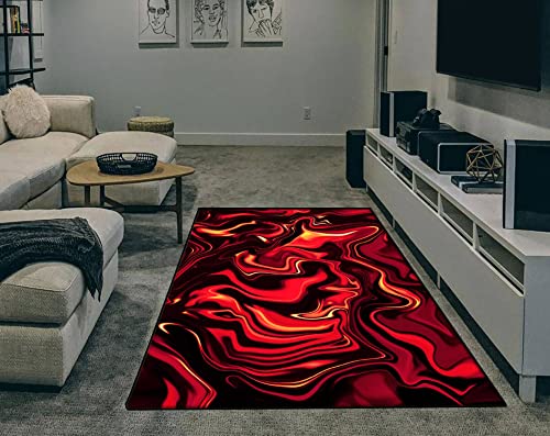 Modern Abstract Red Marble Area Rugs for Living Room Kitchen Bedroom Abstract Flame Fire Red Yellow Black Marble Background Wave Swirl Bathroom Rugs Stain Resistant Carpet Mat Pad Home Decor