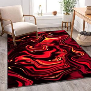 Modern Abstract Red Marble Area Rugs for Living Room Kitchen Bedroom Abstract Flame Fire Red Yellow Black Marble Background Wave Swirl Bathroom Rugs Stain Resistant Carpet Mat Pad Home Decor