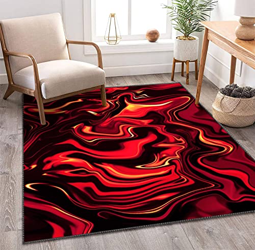 Modern Abstract Red Marble Area Rugs for Living Room Kitchen Bedroom Abstract Flame Fire Red Yellow Black Marble Background Wave Swirl Bathroom Rugs Stain Resistant Carpet Mat Pad Home Decor