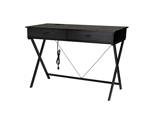 glitzhome 43.25" L Modern Industrial Home Office Desk with 1 Outlets and 2 USB Charging Ports, Wood/Metal Writing Desk PC Table Computer Desk, Black Oak