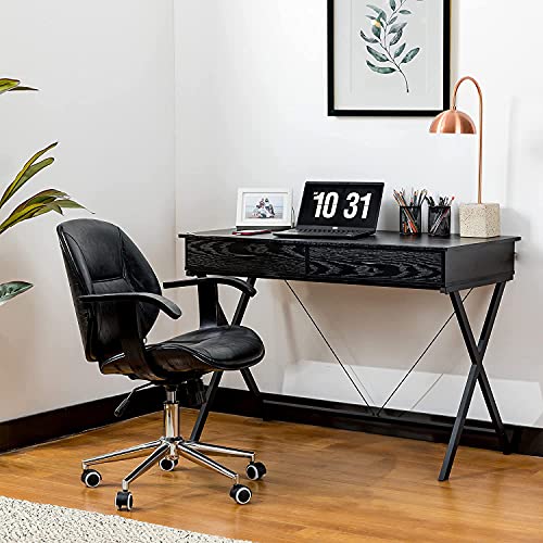 glitzhome 43.25" L Modern Industrial Home Office Desk with 1 Outlets and 2 USB Charging Ports, Wood/Metal Writing Desk PC Table Computer Desk, Black Oak