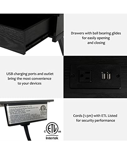 glitzhome 43.25" L Modern Industrial Home Office Desk with 1 Outlets and 2 USB Charging Ports, Wood/Metal Writing Desk PC Table Computer Desk, Black Oak