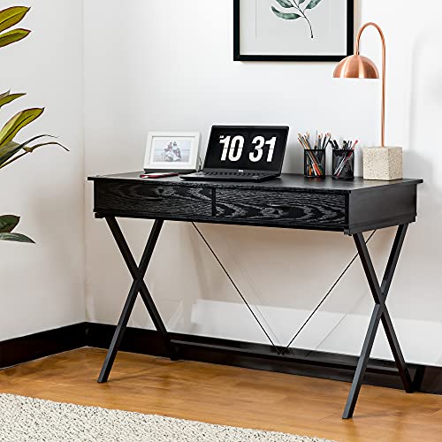 glitzhome 43.25" L Modern Industrial Home Office Desk with 1 Outlets and 2 USB Charging Ports, Wood/Metal Writing Desk PC Table Computer Desk, Black Oak