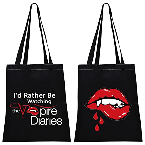 TSOTMO Vampire Inspired Gift I'd Rather Be Watching The Vampire Canvas Tote Bag TV SHOW Fandom Gift (Vamp-Blk canvas)