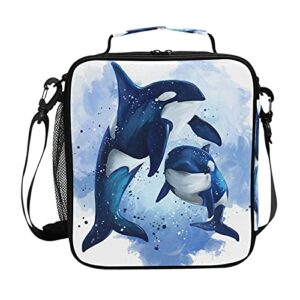 insulated lunch bag killer whale ocean watercolor portable lunch box zippered lunch tote bag cooler bag with adjustable strap for women men work school girl boy