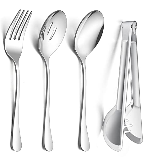 Large Serving Utensils Set of 8, E-far Stainless Steel 9.8 Inch Serving Spoons Slotted Spoon, 9.9 Inch Serving Fork, 9.4 Inch Serving Tong for Buffet Catering Banquet, Mirror Finish & Dishwasher Safe