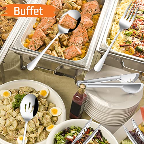 Large Serving Utensils Set of 8, E-far Stainless Steel 9.8 Inch Serving Spoons Slotted Spoon, 9.9 Inch Serving Fork, 9.4 Inch Serving Tong for Buffet Catering Banquet, Mirror Finish & Dishwasher Safe