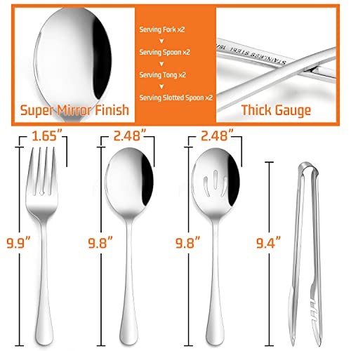 Large Serving Utensils Set of 8, E-far Stainless Steel 9.8 Inch Serving Spoons Slotted Spoon, 9.9 Inch Serving Fork, 9.4 Inch Serving Tong for Buffet Catering Banquet, Mirror Finish & Dishwasher Safe