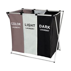 135l laundry cloth hamper sorter basket bin foldable 3 sections with aluminum frame 26''×24''h washing storage dirty clothes bag for bathroom bedroom home storage basket(brown+grey+black, 3 liner)