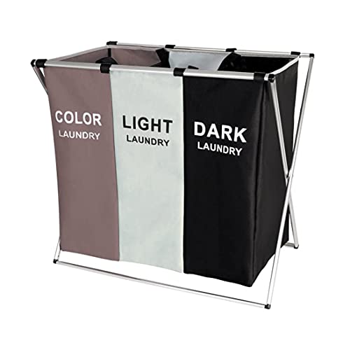 135L Laundry Cloth Hamper Sorter Basket Bin Foldable 3 Sections with Aluminum Frame 26''×24''H Washing Storage Dirty Clothes Bag for Bathroom Bedroom Home Storage basket(Brown+Grey+Black, 3 Liner)