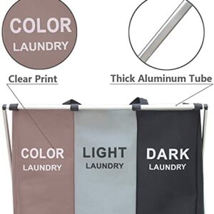 135L Laundry Cloth Hamper Sorter Basket Bin Foldable 3 Sections with Aluminum Frame 26''×24''H Washing Storage Dirty Clothes Bag for Bathroom Bedroom Home Storage basket(Brown+Grey+Black, 3 Liner)