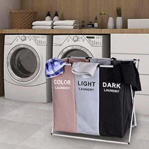 135L Laundry Cloth Hamper Sorter Basket Bin Foldable 3 Sections with Aluminum Frame 26''×24''H Washing Storage Dirty Clothes Bag for Bathroom Bedroom Home Storage basket(Brown+Grey+Black, 3 Liner)