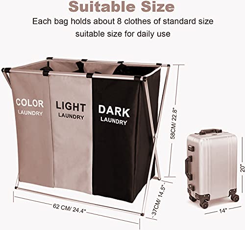 135L Laundry Cloth Hamper Sorter Basket Bin Foldable 3 Sections with Aluminum Frame 26''×24''H Washing Storage Dirty Clothes Bag for Bathroom Bedroom Home Storage basket(Brown+Grey+Black, 3 Liner)