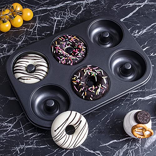 HONGBAKE Donut Pan For Baking, Upgraded Deepened Doughnut Tray, 2 Pack 6 Cavity Mini Bagel Mold for Oven, Nonstick and Heavy Duty - Black