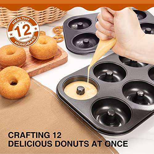 HONGBAKE Donut Pan For Baking, Upgraded Deepened Doughnut Tray, 2 Pack 6 Cavity Mini Bagel Mold for Oven, Nonstick and Heavy Duty - Black