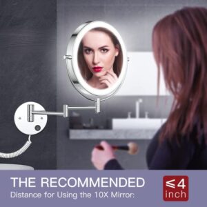 Benbilry LED Wall Mounted Makeup Mirror 9 Inch Super Large Size Double Sided with 1x/10x Magnification Extendable Lighted Magnifying Vanity Mirror with Lights 360° Swivel Round Bathroom Mirror