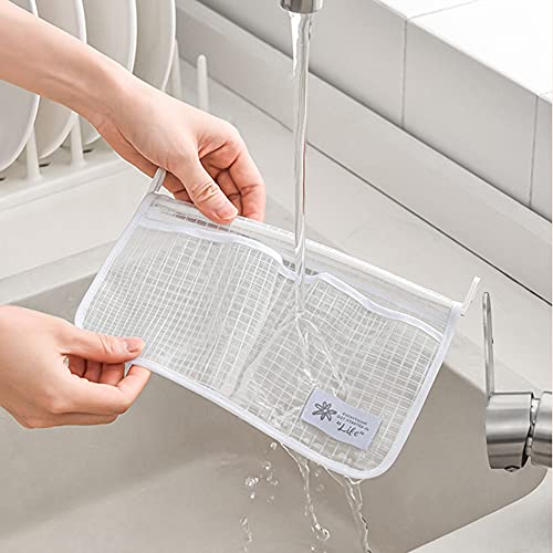 2Pcs Refrigerator Storage Mesh Bag with Hook Household Kitchen Double Pocket Classification Hanging Bag Refrigerator Pantry Organizer, Blue and White