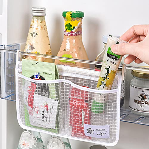 2Pcs Refrigerator Storage Mesh Bag with Hook Household Kitchen Double Pocket Classification Hanging Bag Refrigerator Pantry Organizer, Blue and White