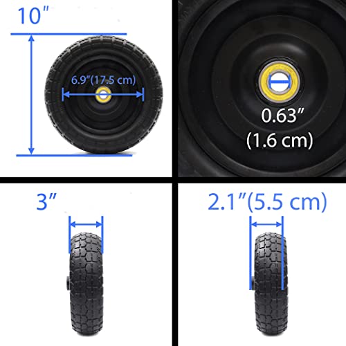 (4-Pack) 10‘’ Replacement Tire for Gorilla Cart - Solid Polyurethane Flat-Free Tire and Wheel Assembly - 3” Wide Tires with 5/8 Axle Borehole and 2.1” Hub