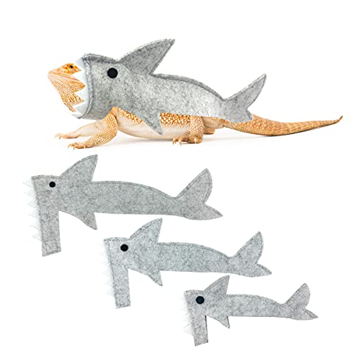 CooShou 3Pcs Bearded Dragon Shark Outfit - S M L Lizard Reptile Shark Costume in One Package Handmade Felt Bearded Dragon Harness for Chameleon Gecko Anole Iguana Amphibians