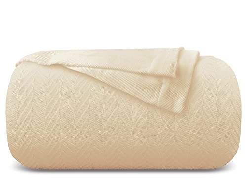 Comfortica Classics 100% Organic Cotton Super-Soft and Breathable Bed/Throw Blanket Herringbone Design - Queen, Ivory