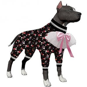 lovinpet large dog onesie pajamas, uv protection, anxiety calming dog pajamas under dog coats as bottoming, 4 legged large dog jumpsuit, stretchable floral black, pink prints pajamas for big dogs