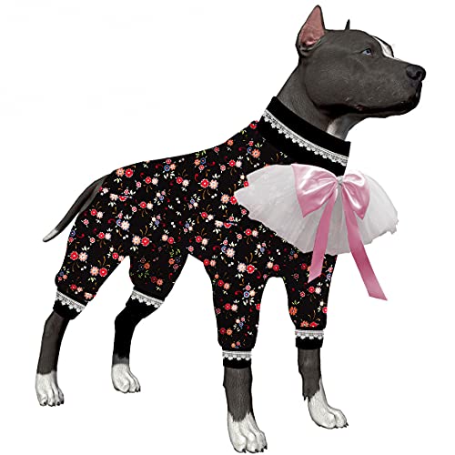 LovinPet Large Dog Onesie Pajamas, UV Protection, Anxiety Calming Dog Pajamas Under Dog Coats as Bottoming, 4 Legged Large Dog Jumpsuit, Stretchable Floral Black, Pink Prints Pajamas for Big Dogs