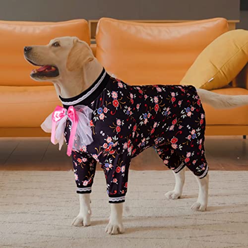 LovinPet Large Dog Onesie Pajamas, UV Protection, Anxiety Calming Dog Pajamas Under Dog Coats as Bottoming, 4 Legged Large Dog Jumpsuit, Stretchable Floral Black, Pink Prints Pajamas for Big Dogs