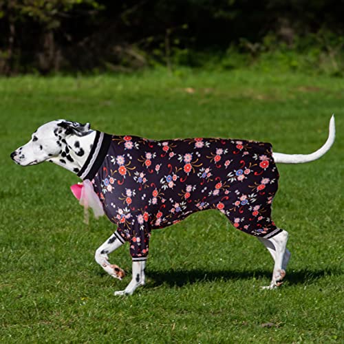 LovinPet Large Dog Onesie Pajamas, UV Protection, Anxiety Calming Dog Pajamas Under Dog Coats as Bottoming, 4 Legged Large Dog Jumpsuit, Stretchable Floral Black, Pink Prints Pajamas for Big Dogs