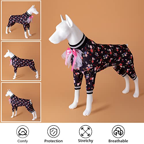 LovinPet Large Dog Onesie Pajamas, UV Protection, Anxiety Calming Dog Pajamas Under Dog Coats as Bottoming, 4 Legged Large Dog Jumpsuit, Stretchable Floral Black, Pink Prints Pajamas for Big Dogs