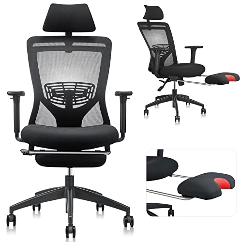 LMIKAF Ergonomic Office Chair with Footrest Support, High Back Desk Chair with 5D Padded Armrest, Lumbar Support, Thick Seat Cushion and Adjustable Headrest - 135° Rocking Mesh Computer Chair