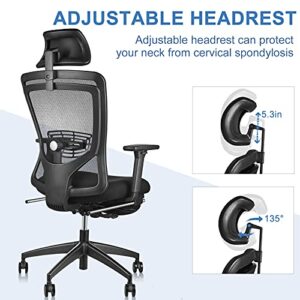 LMIKAF Ergonomic Office Chair with Footrest Support, High Back Desk Chair with 5D Padded Armrest, Lumbar Support, Thick Seat Cushion and Adjustable Headrest - 135° Rocking Mesh Computer Chair