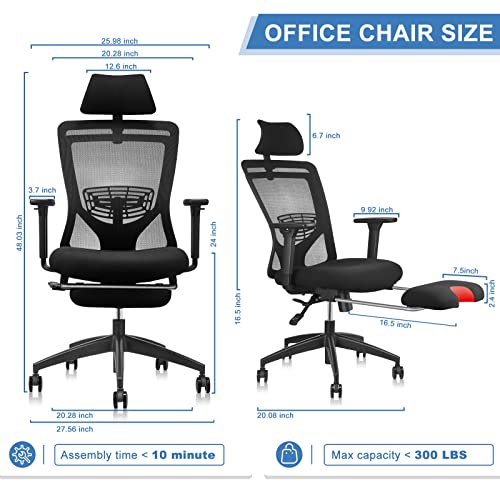 LMIKAF Ergonomic Office Chair with Footrest Support, High Back Desk Chair with 5D Padded Armrest, Lumbar Support, Thick Seat Cushion and Adjustable Headrest - 135° Rocking Mesh Computer Chair