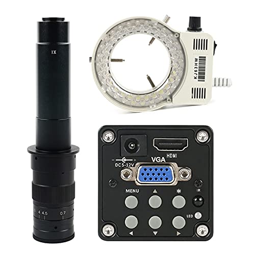 KXA 1080P HDMI VGA Industrial Digital Video Microscope Camera +100X 180X 300X C Mount Lens+56 LED Ring Light for Phone PCB Soldering (Color : 300x Lens with Light, Magnification : Red)