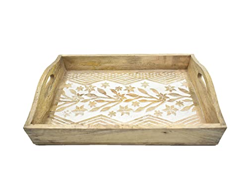 Hand Carved Wooden Breakfast Serving Tray with Handle for Breakfast Tea Snack Dessert | Kitchen Dining Serve-Ware Accessories | 15 x 10 Inches | 2049