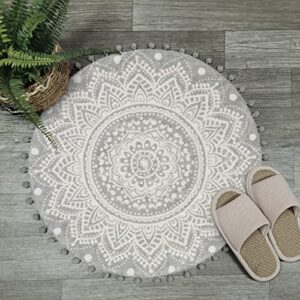 uphome small round rug 2.3’ grey mandala boho bathroom rugs with pom poms fringe washable circle shower mat soft non-slip cute circular throw rug for sink powder room bedroom kids room nursery