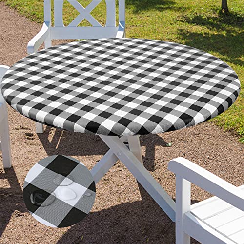 smiry Round Table Cloth Cover, Elastic Waterproof Fitted Vinyl Table Covers for 36"-44" Tables, Flannel Backed Buffalo Plaid Tablecloth for Picnic, Camping, Indoor and Outdoor, Black and White