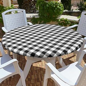 smiry Round Table Cloth Cover, Elastic Waterproof Fitted Vinyl Table Covers for 36"-44" Tables, Flannel Backed Buffalo Plaid Tablecloth for Picnic, Camping, Indoor and Outdoor, Black and White