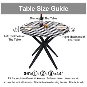 smiry Round Table Cloth Cover, Elastic Waterproof Fitted Vinyl Table Covers for 36"-44" Tables, Flannel Backed Buffalo Plaid Tablecloth for Picnic, Camping, Indoor and Outdoor, Black and White